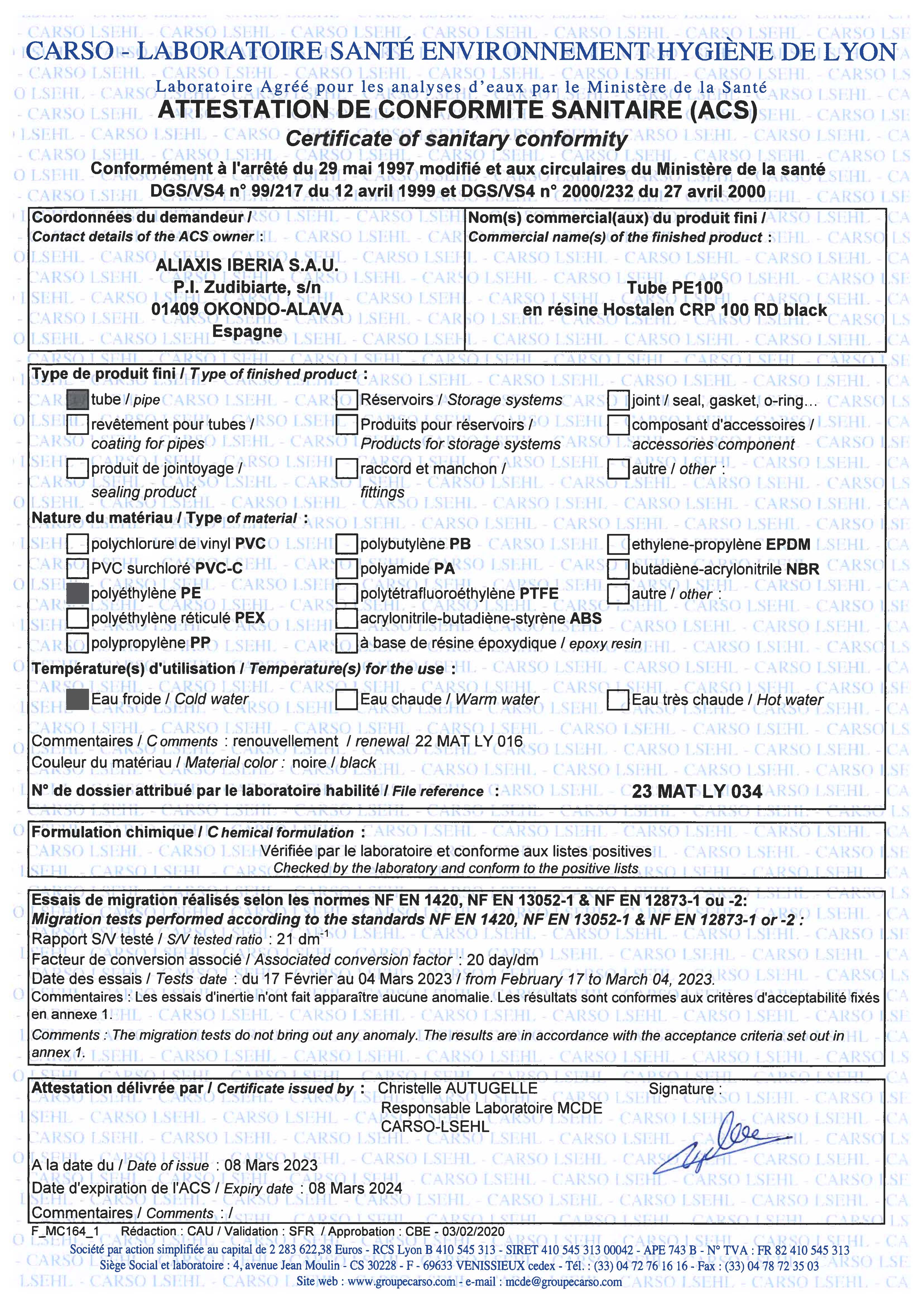 Attestation de conformité sanitaire (ACS) EXCEL PLUS | Aliaxis