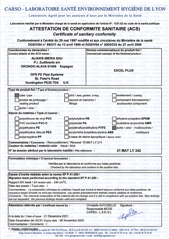 Attestation de Conformité Sanitaire (ACS) - Selle electrosoudable ...