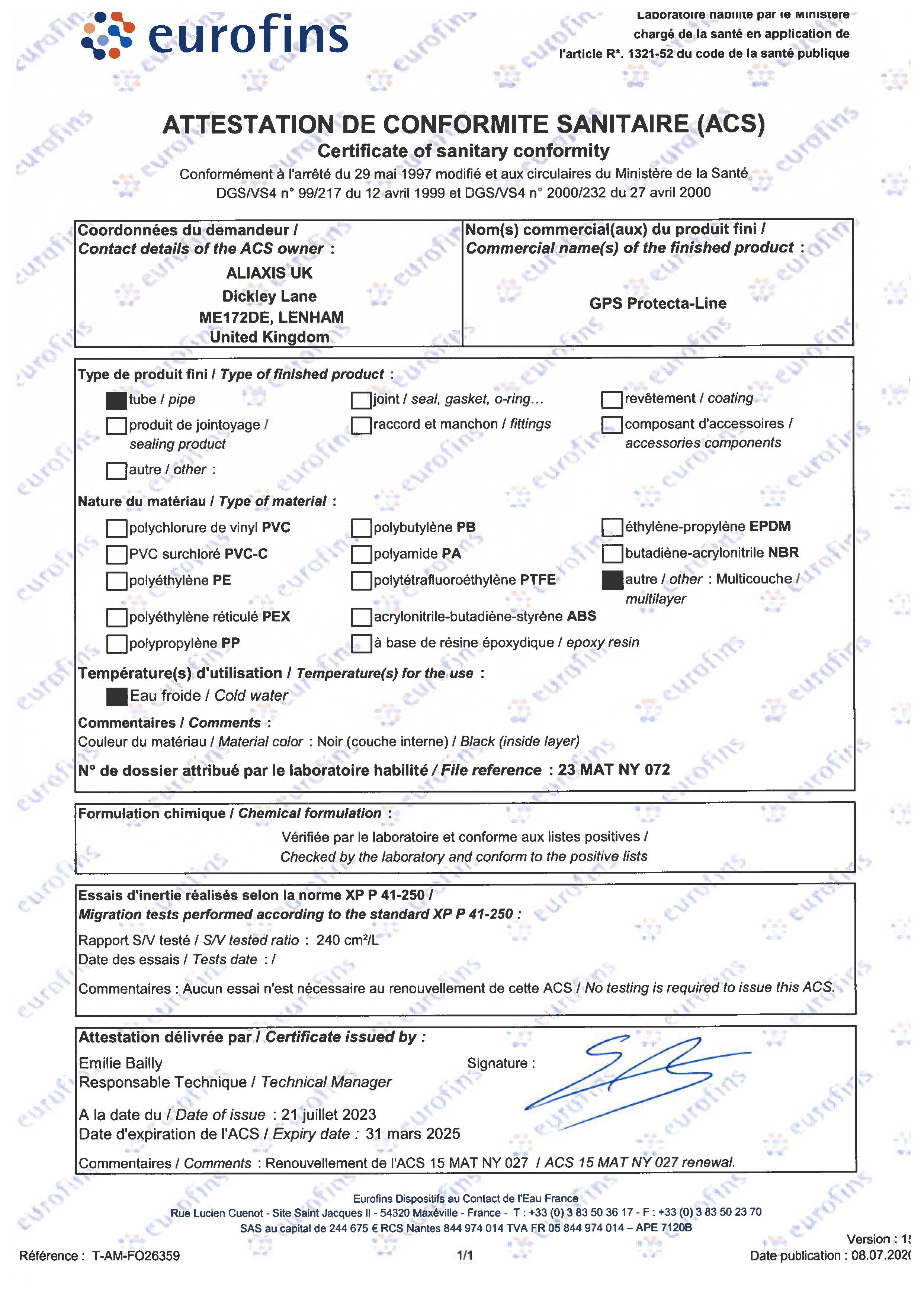 Attestation de conformité sanitaire (ACS) Raccords de transition | Aliaxis