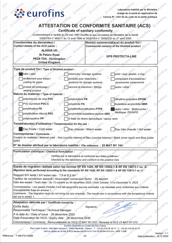 Attestation de conformité sanitaire (ACS) GPS Protecta-line | Aliaxis
